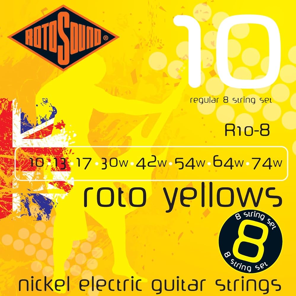 Rotosound Strings for E‑Guitar Roto Nickel Plated 8‑string YELLOWS R10 ...